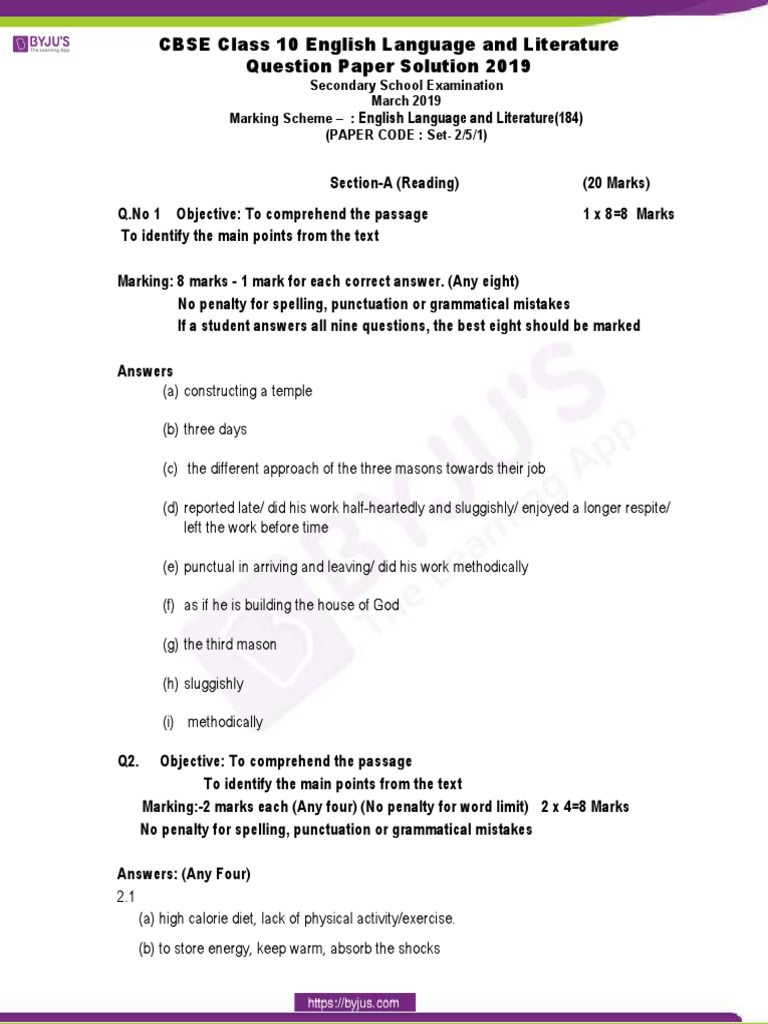 CBSE Class 10 English Language and Literature Previous Year Question ...