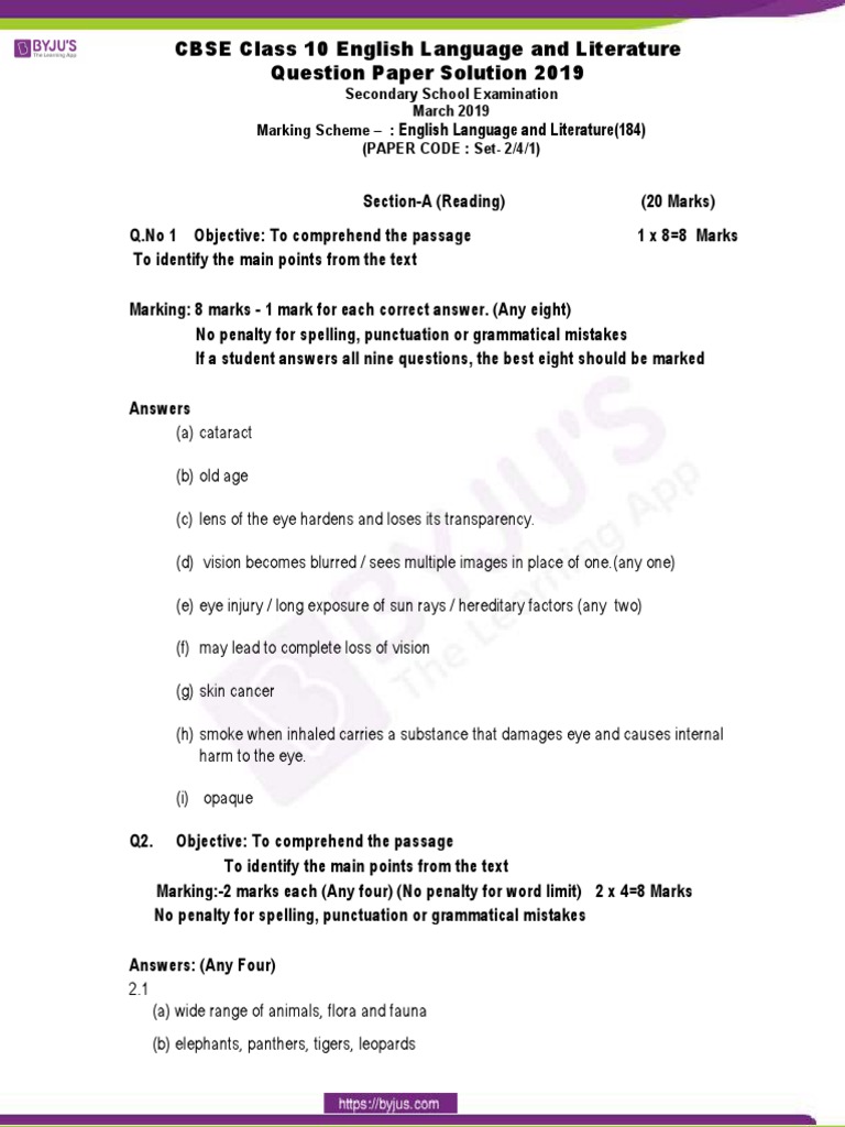 CBSE Class 10 English Language and Literature Previous Year Question ...