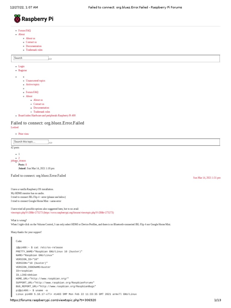 Failed To Connect - Org - Bluez.error - Failed - Raspberry Pi Forums PDF | PDF | Operating ...