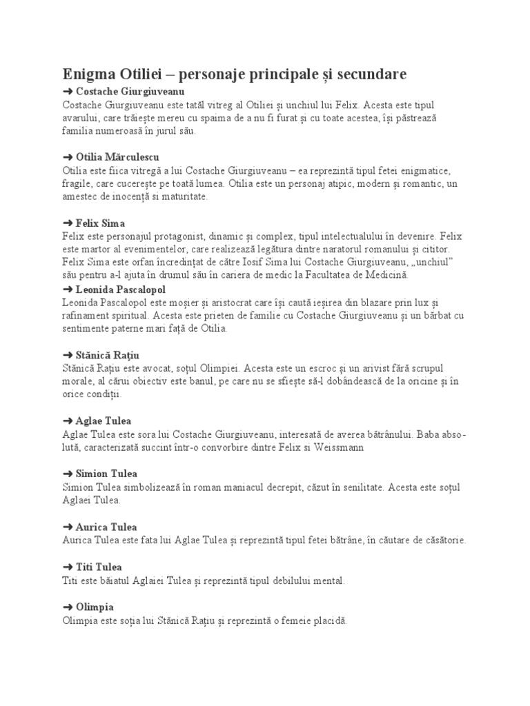 Personaje Principale Enigma Otiliei | PDF
