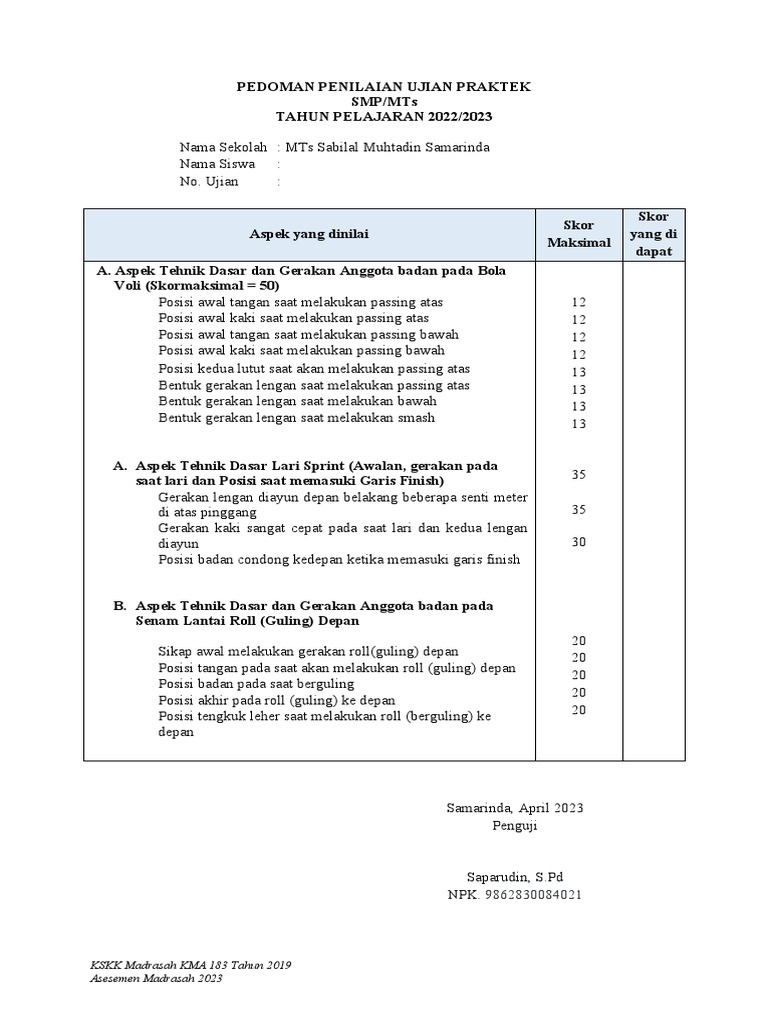 Pedoman Penilaian Ujian Praktik PJOK SMP MTs | PDF