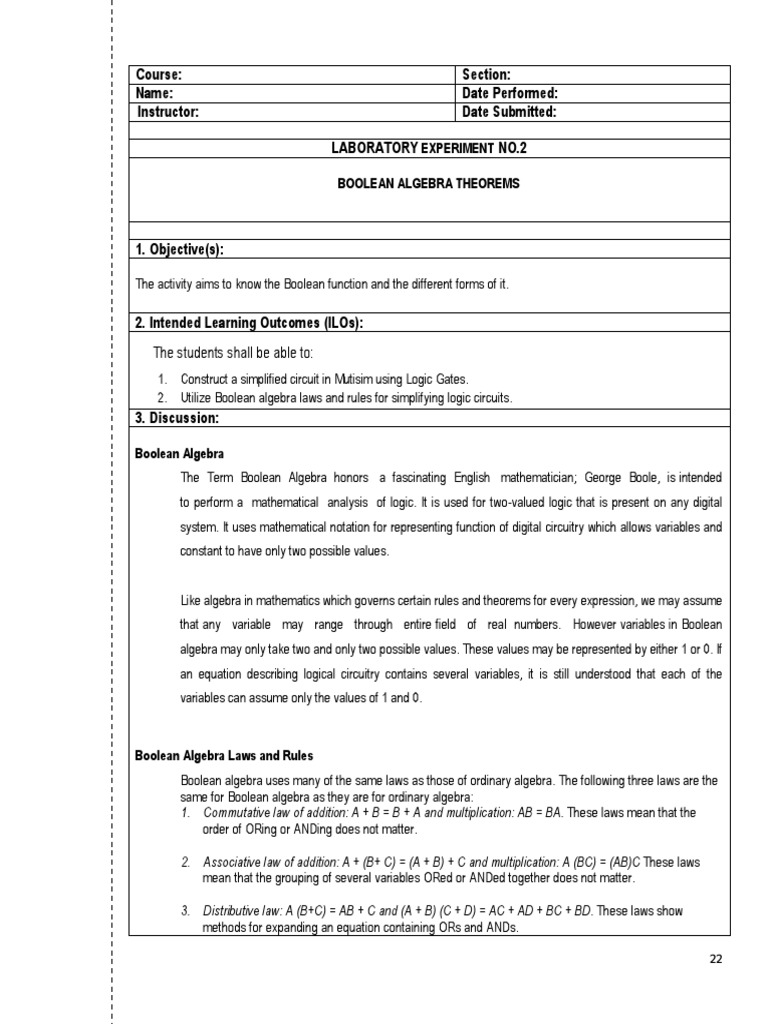 Laboratory Experiment 02 Boolean - Algebra-1 PDF | PDF | Boolean Algebra | Teaching Mathematics