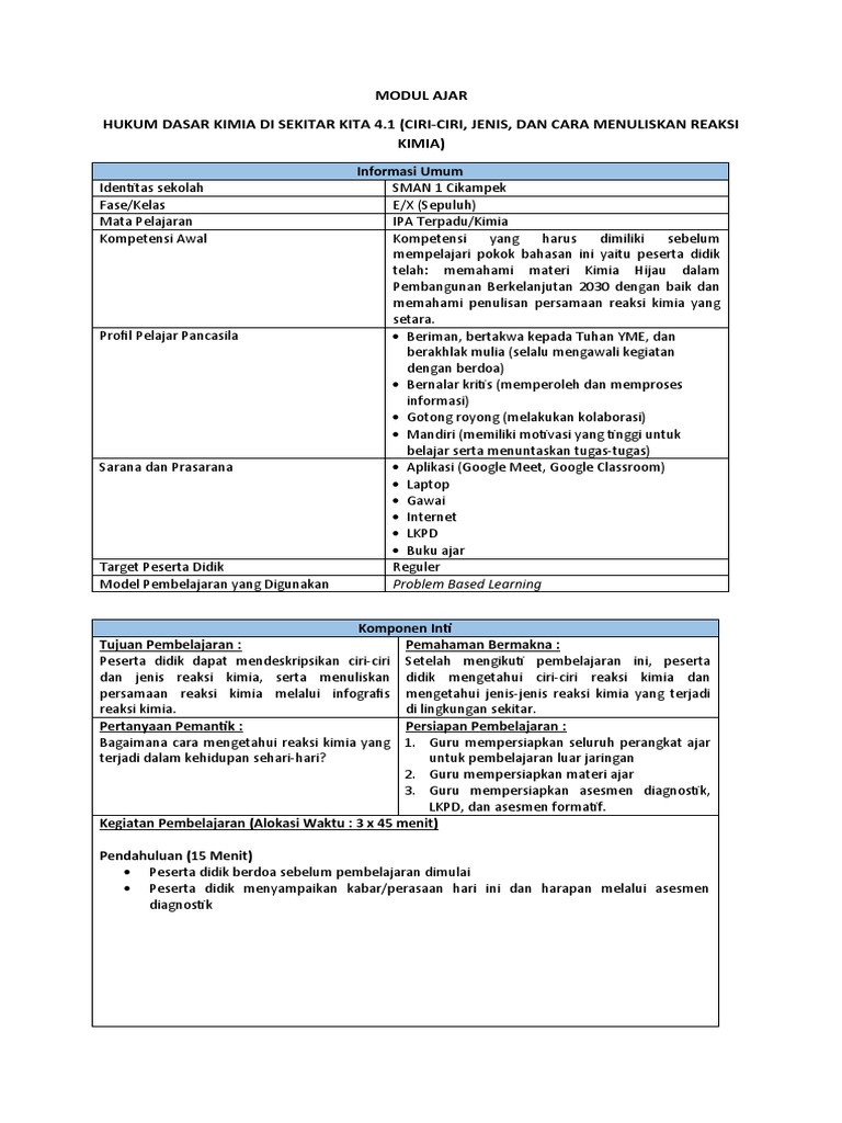 Modul Ajar Hukum Dasar Kimia 4.1 | PDF