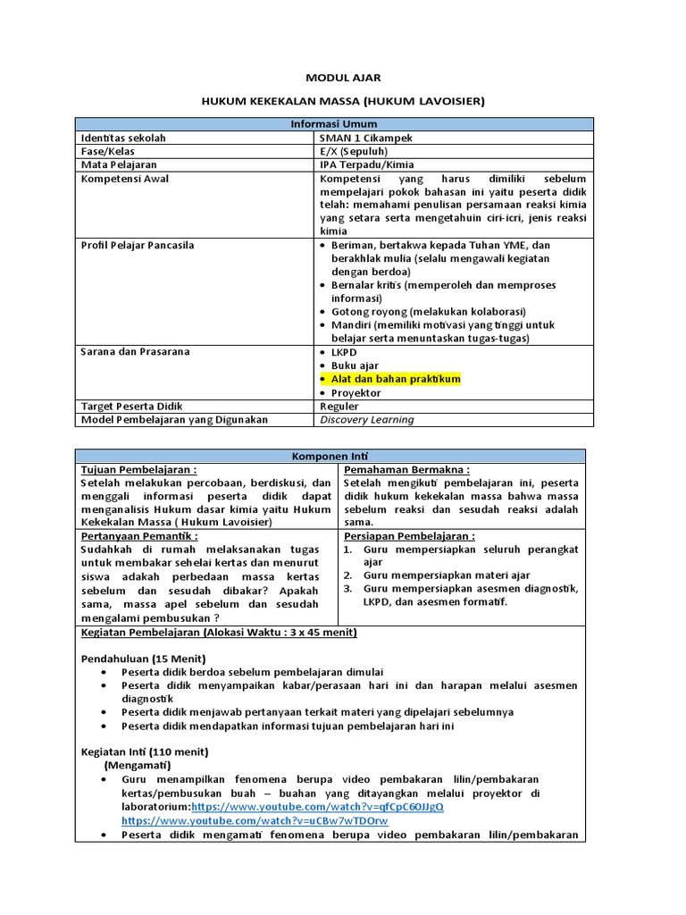 Modul Ajar Hukum Dasar Kimia 4.2 | PDF