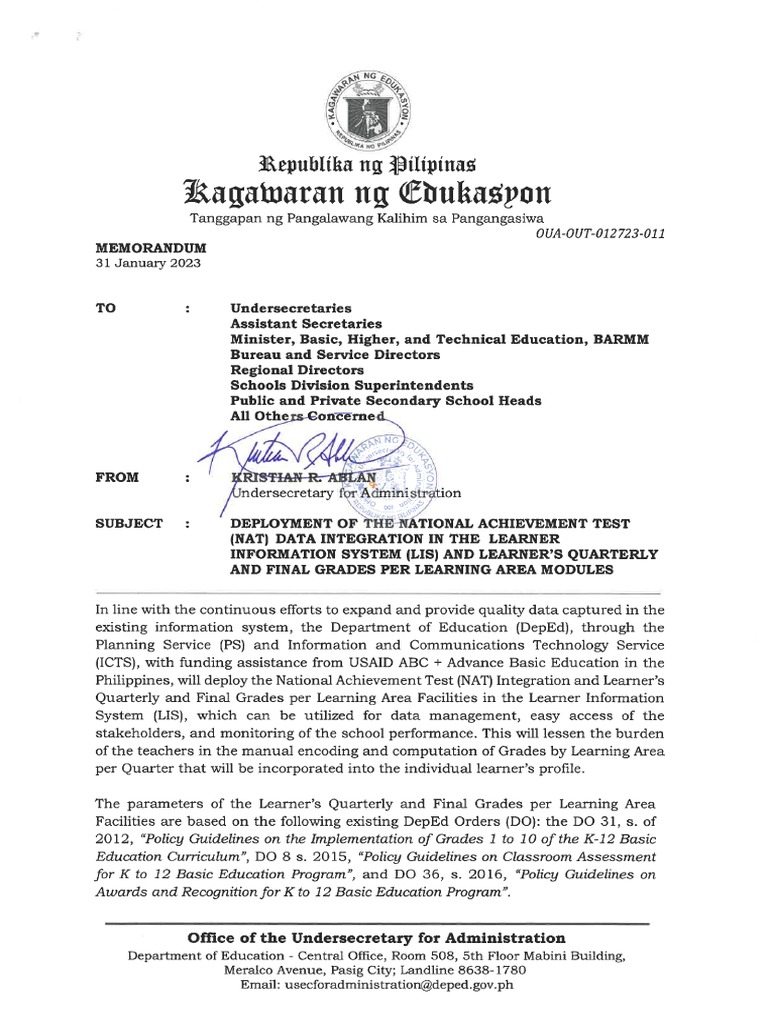 Memo Deployment of NAT and Learners Quarterly Grades and Final Grades | PDF