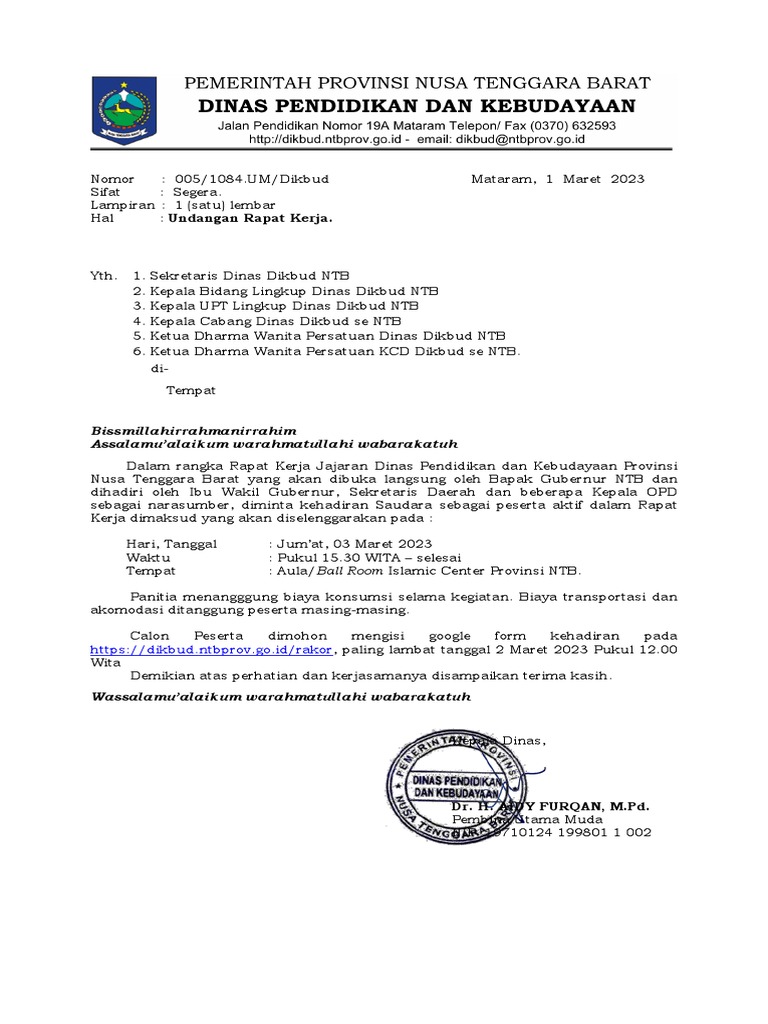 Surat Undangan RAKER - Sekdis - Kabid - Ka - UPT - KCD - DPW - 050323 | PDF