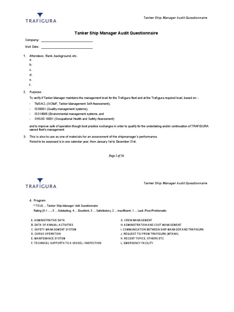 Tanker Ship Manager Audit Questionnaire | PDF | Oil Tanker | Ships