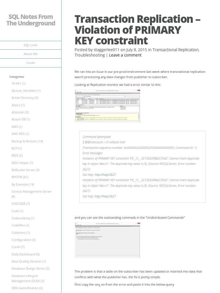 Transaction Replication Violation Of Primary Pdf Microsoft Sql