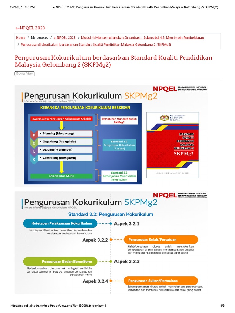 Pengurusan Kokurikulum Berdasarkan Standard Kualiti Pendidikan Malaysia Gelombang 2 (SKPMg2) | PDF