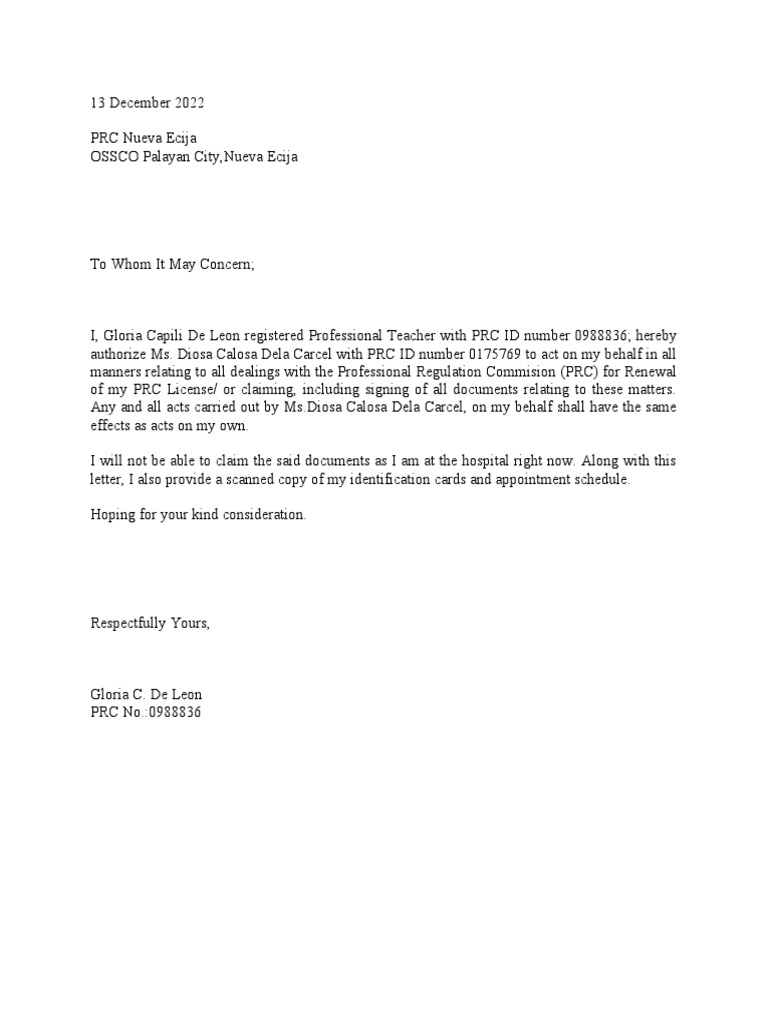 Authorization Letter PRC | PDF