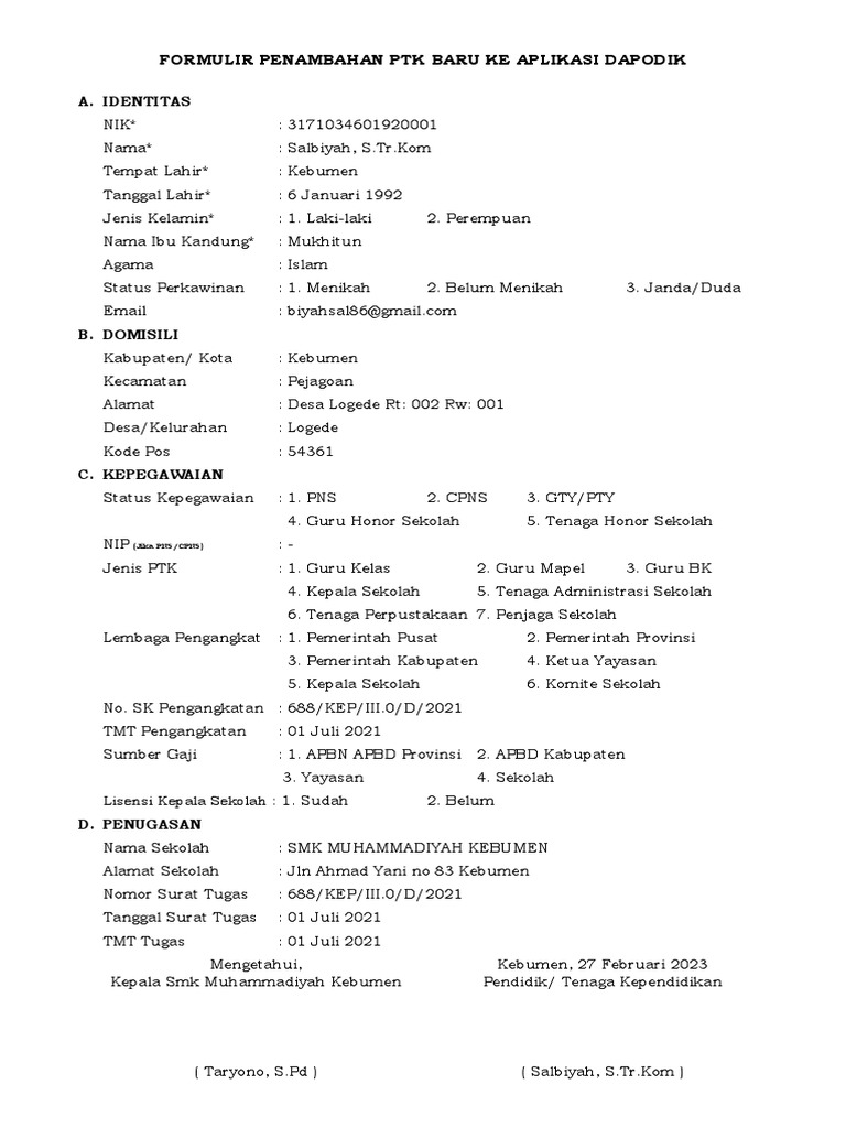 Form Tambah PTK Baru | PDF | Karier & Perkembangan