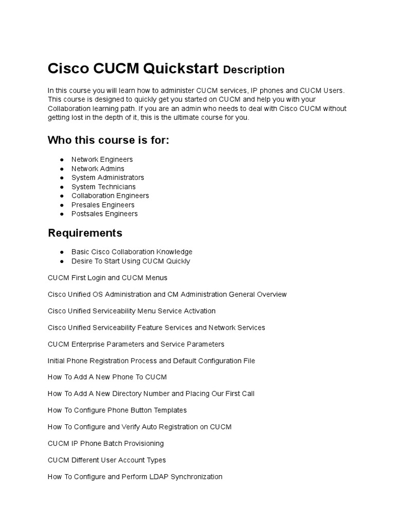 Cisco CUCM Admin Quickstart Guide | PDF | Technology & Engineering