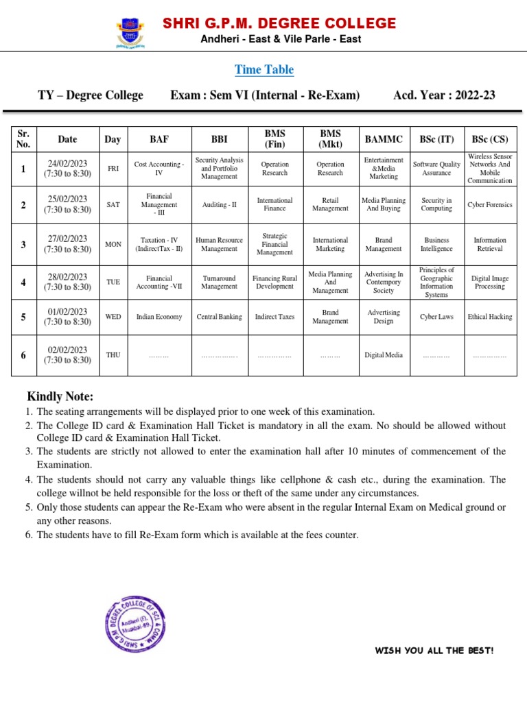 TY Degree College Sem VI Re-Exam Timetable | PDF | Accounting | Business