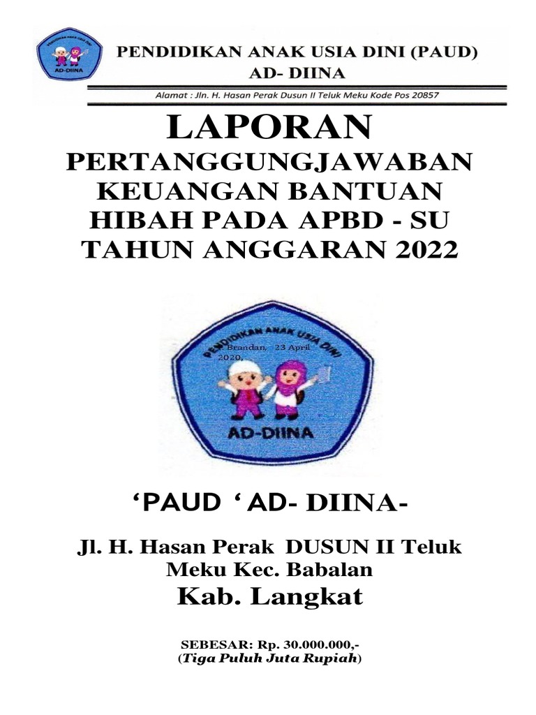 LPJ Dana Hibah APBD PAUD AD-DIINA 2022 | PDF