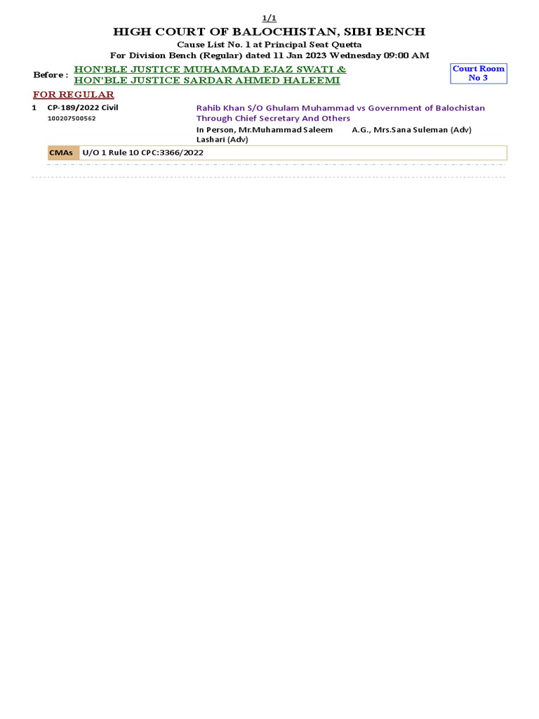 Division Bench Additional at Principal Seat Quetta PDF | PDF