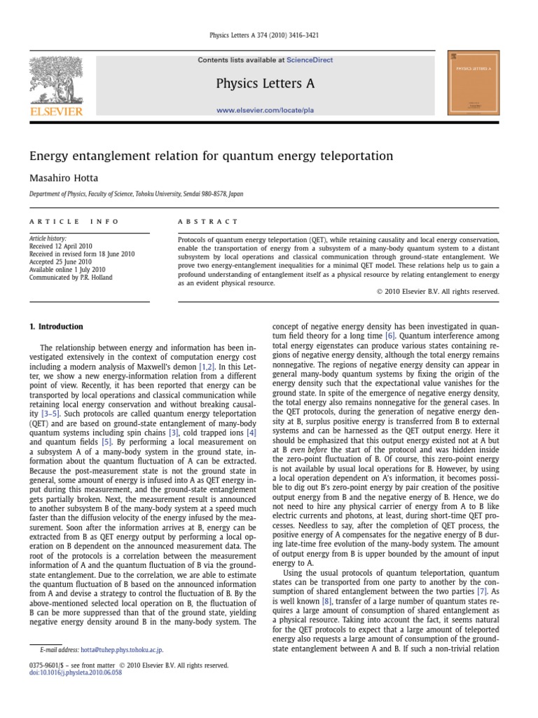 Energy Entanglement Relation For Quantum Energy Teleportation Masahiro Hotta 2010 | PDF ...
