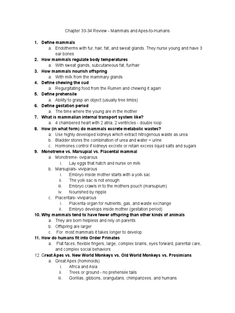 Biology Mammal Review Sheet | PDF | Mammals | Monkey