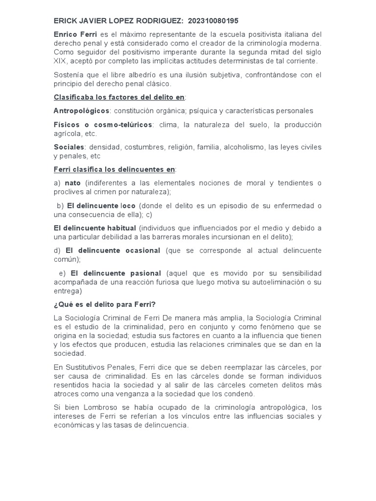 Enrico Ferri Aporte Grupo 3 | PDF | Derecho penal | Criminología