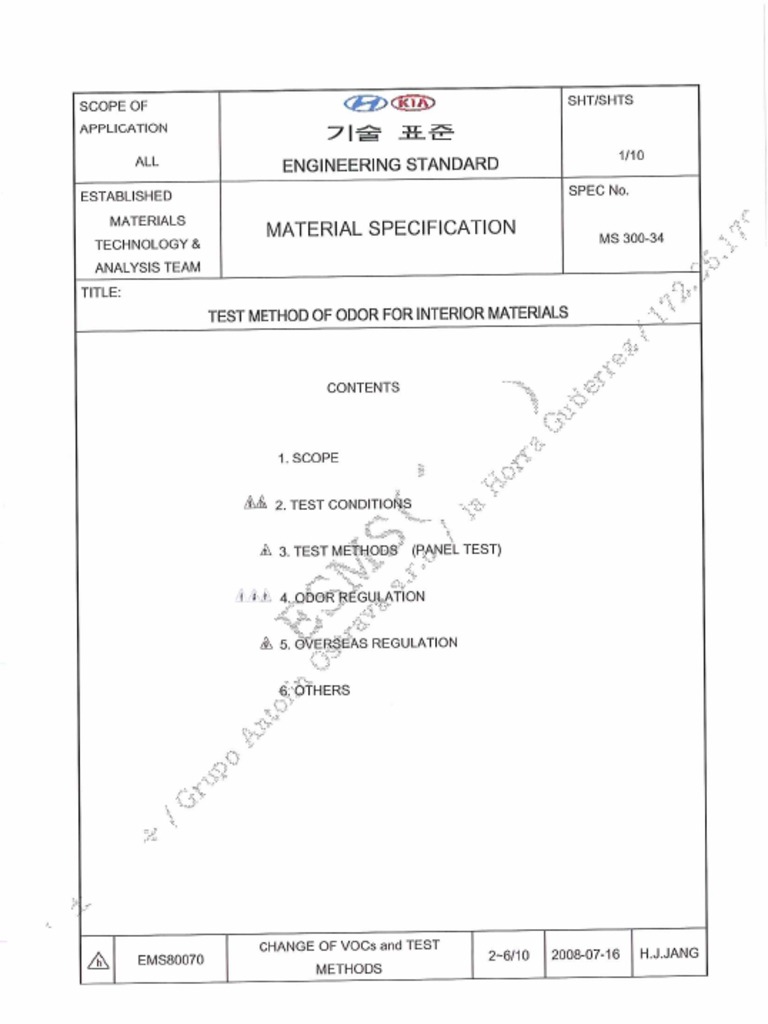 Test Method of Odor For Interior Materials - MS300 - 34 | PDF