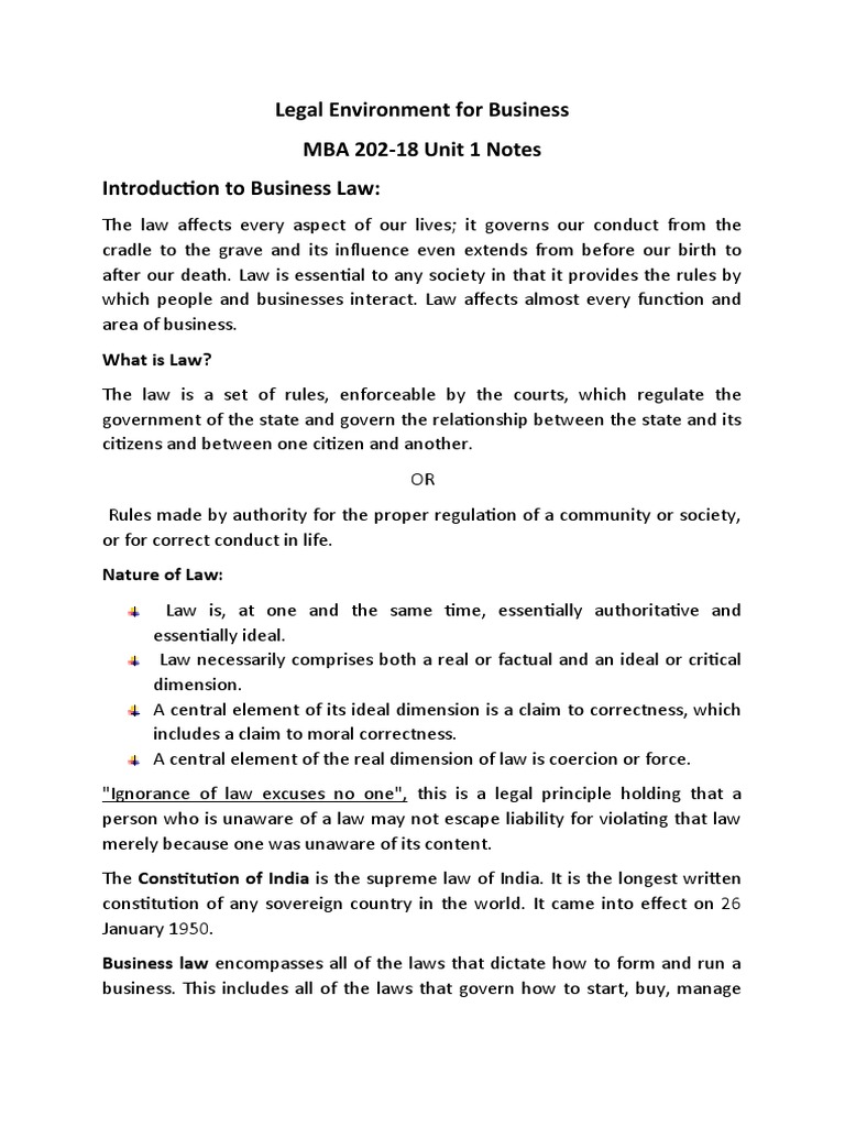 MBA Notes Legal Environment For Business | PDF | Consideration | Offer ...