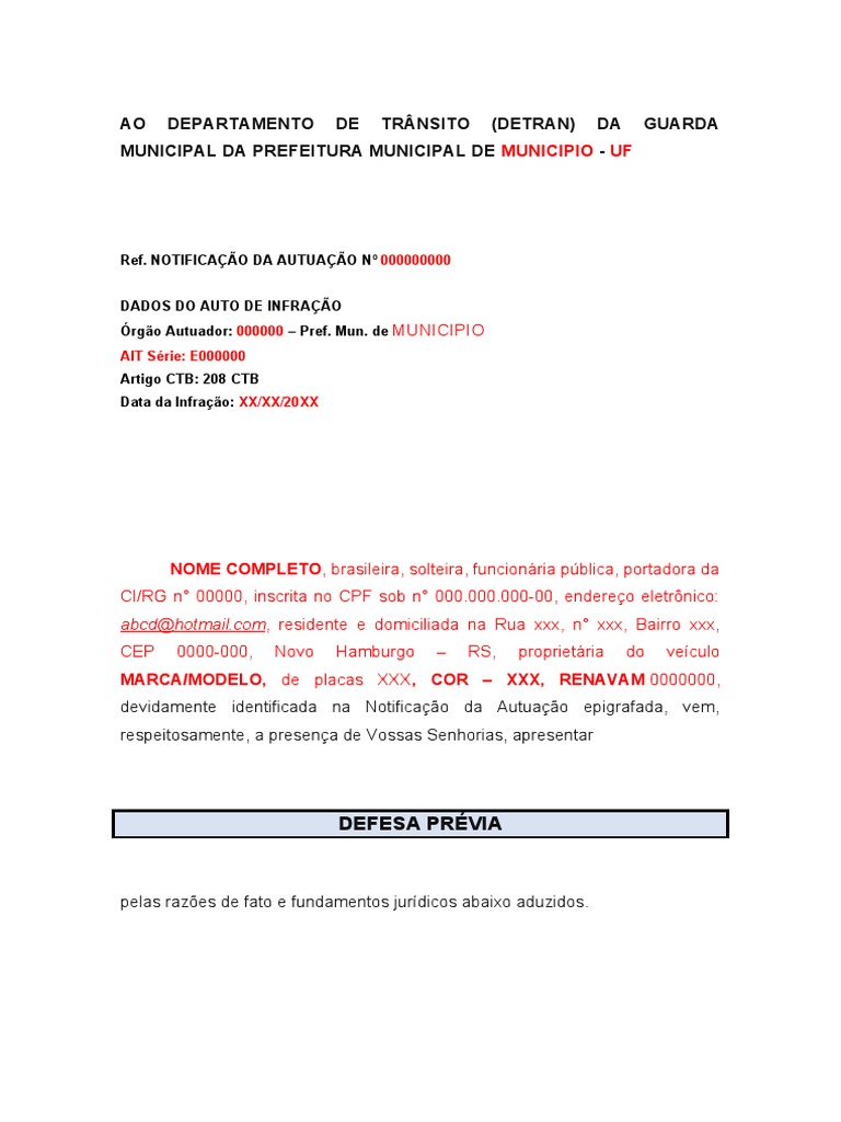 Modelo Defesa Prévia AI - Art 208 CTB | PDF | Finanças e Administração ...