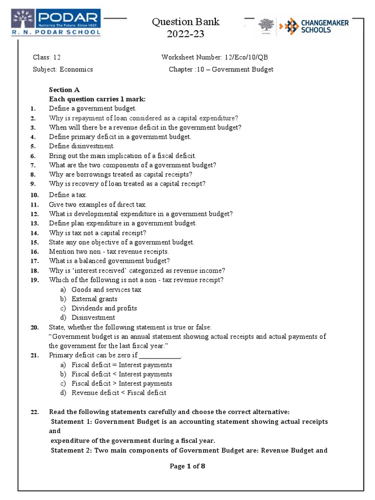 CH 10. Govt. Budget QB | PDF | Government Budget Balance | Government ...