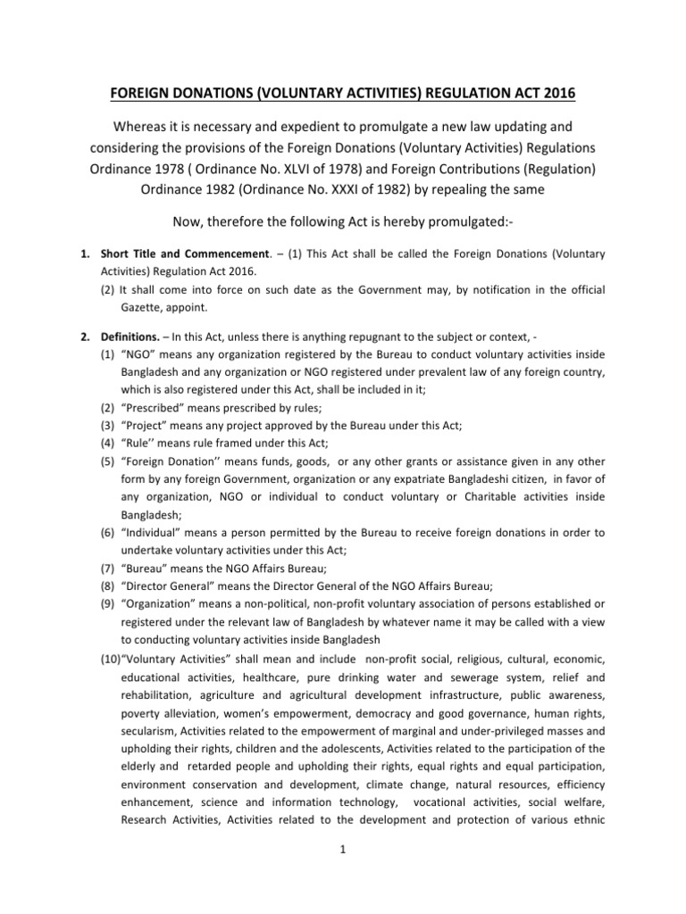 Foreign Donations Regulation Act Summary | PDF | Non Governmental ...