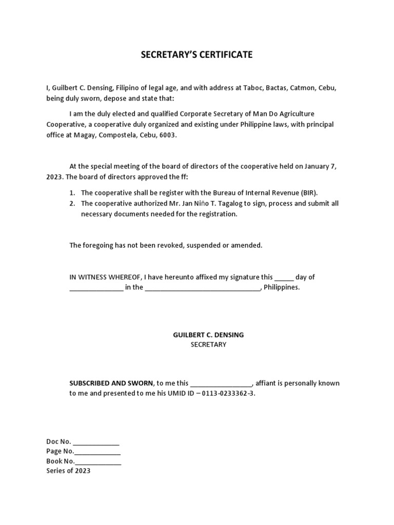 Secretary Certificate for BIR Registration | PDF | Law