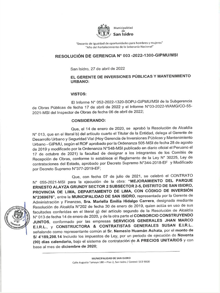 R.G. N 003-2022-Comite Recepcion de Obra Parque Alayza | PDF