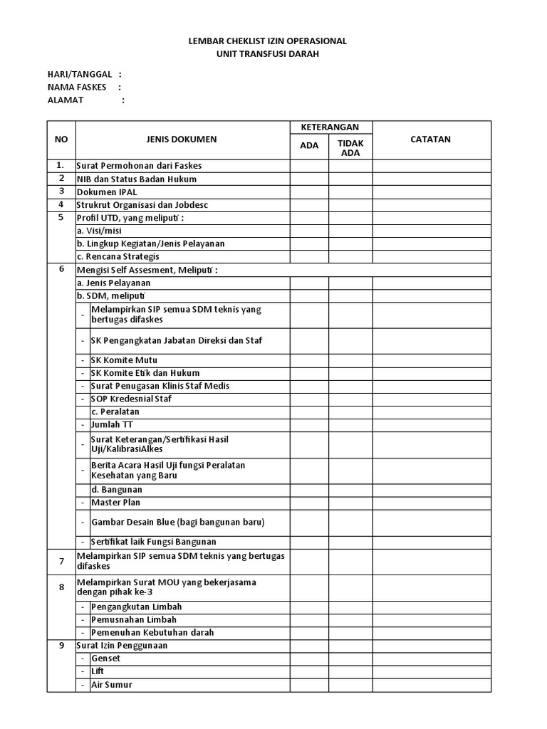 Daftar Cheklist Perizinan UTD | PDF