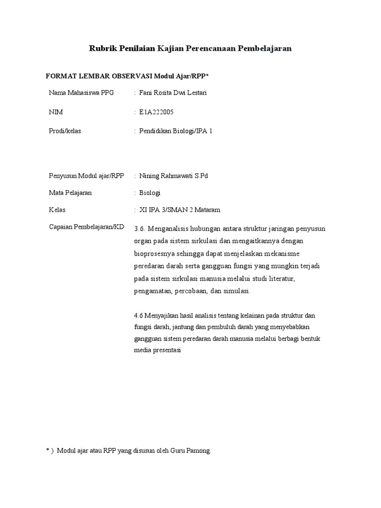 Rubrik Penilaian RPP PDF | PDF