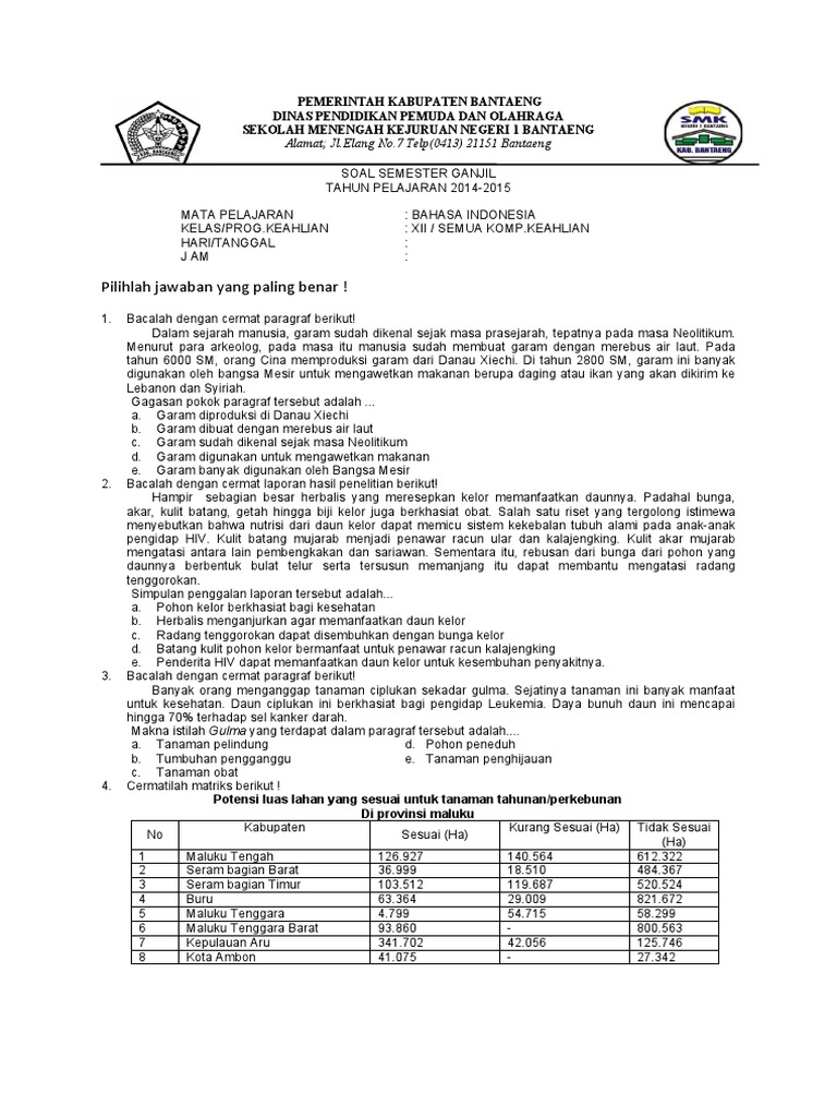 Soal Ulangan Semester 1 | PDF