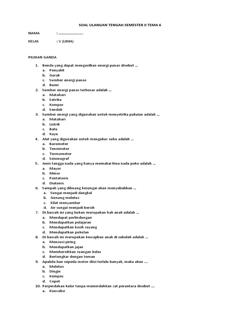 Soal UTS Tema 6 Kelas 5 SD | PDF | Sains & Matematika