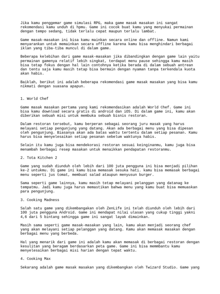 Rekomendasi Game Masak Offline Terbaik | PDF | Game & Aktivitas ...