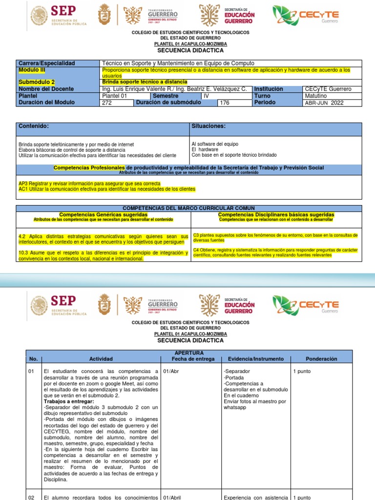 Secuencia Didactica Modulo 3 Submodulo 2 TSyMEC Feb-Jun 2021 | PDF | Soporte técnico | Software