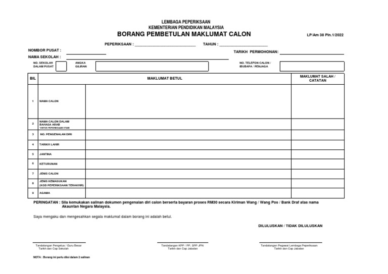 1 Borang Pembetulan Maklumat Calon Lpam38 Pin 2022 | PDF