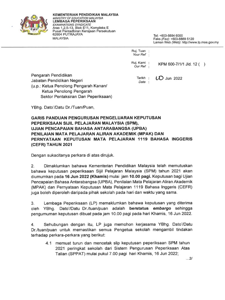 Surat Makluman Garis Panduan Pengurusan Keputusan SPM 2021 PDF | PDF Surat Makluman Garis Panduan Pengurusan Keputusan SPM 2021 PDF | PDF