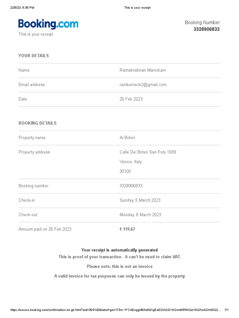 Hotel booking receipt for Ai Boteri in Venice | PDF