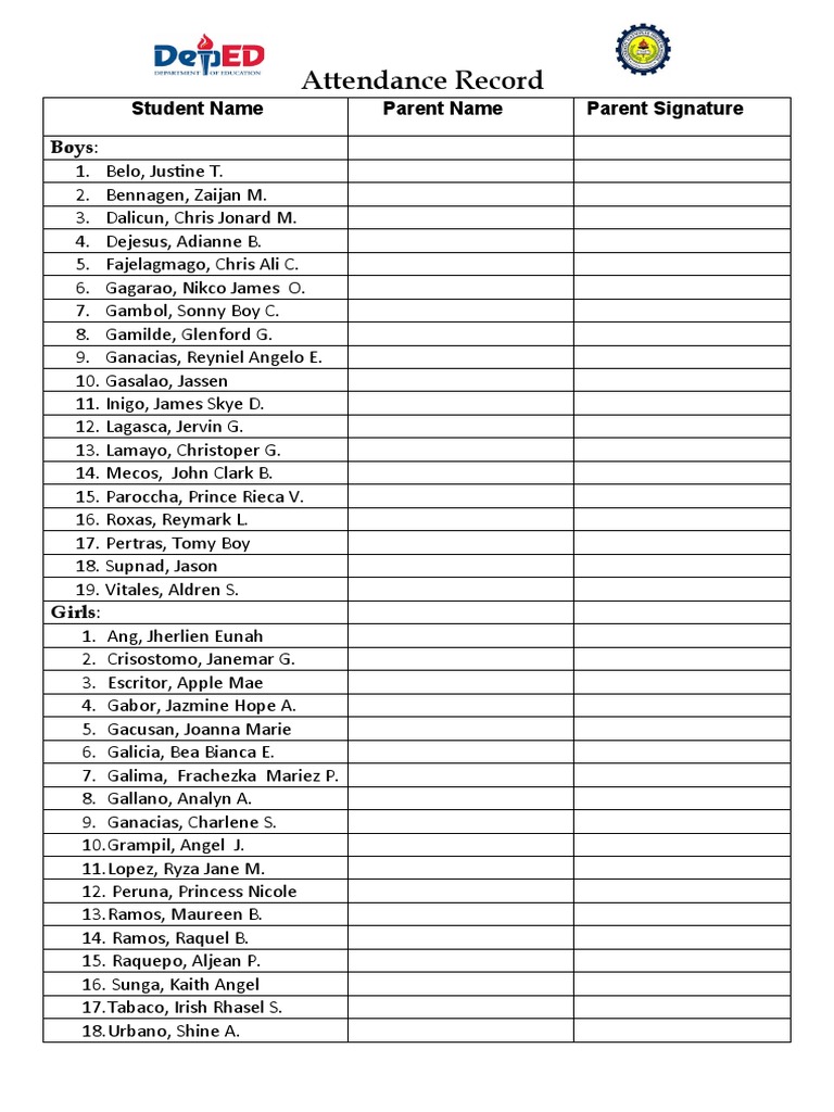 Attendance Record: Student Name Parent Name Parent Signature Boys | PDF