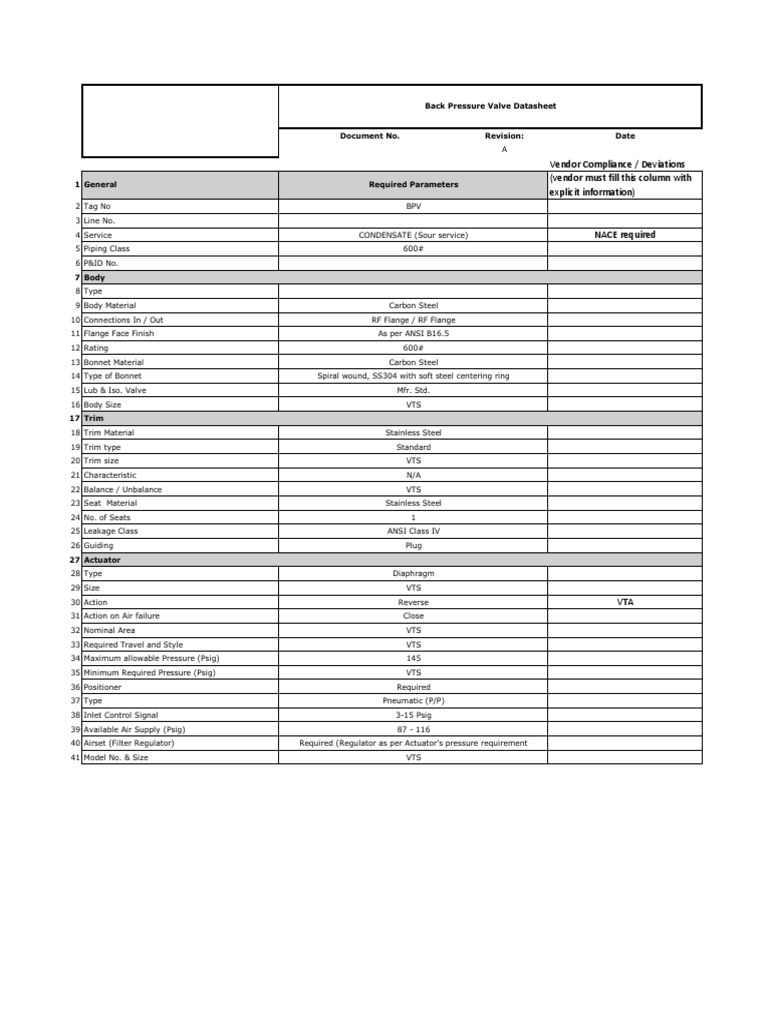 Back Pressure Valve (BPV) Datasheet | PDF | Valve | Pressure
