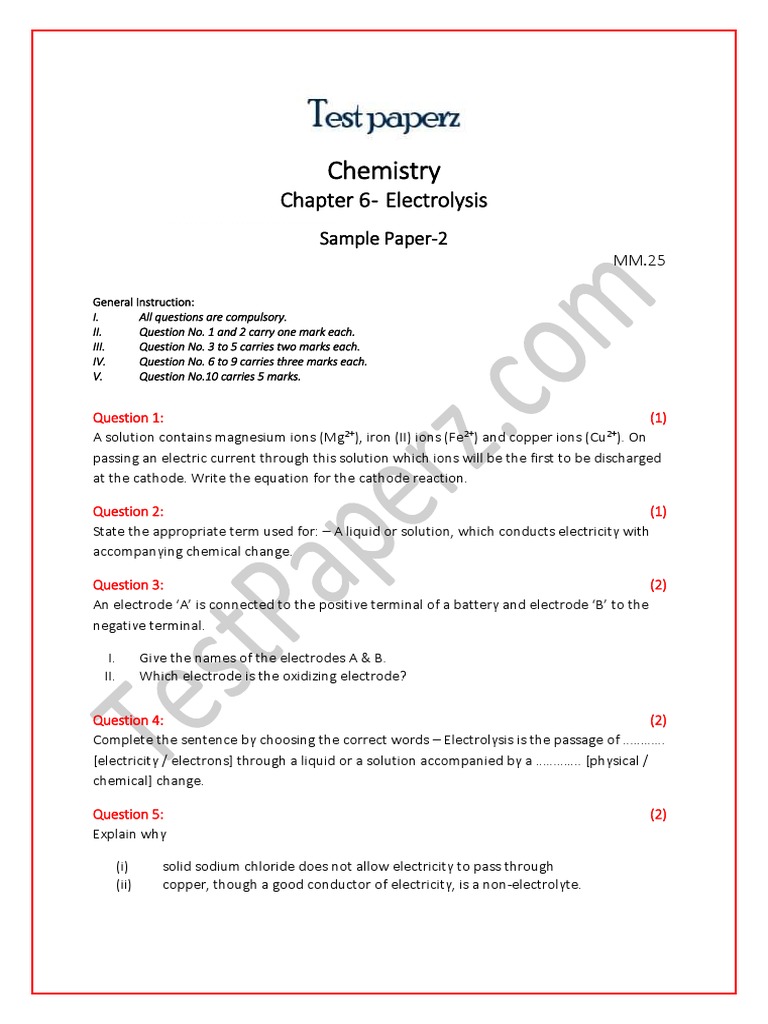 Electrolysis Sample Paper Chapter 6 | PDF | Electrolyte | Acid