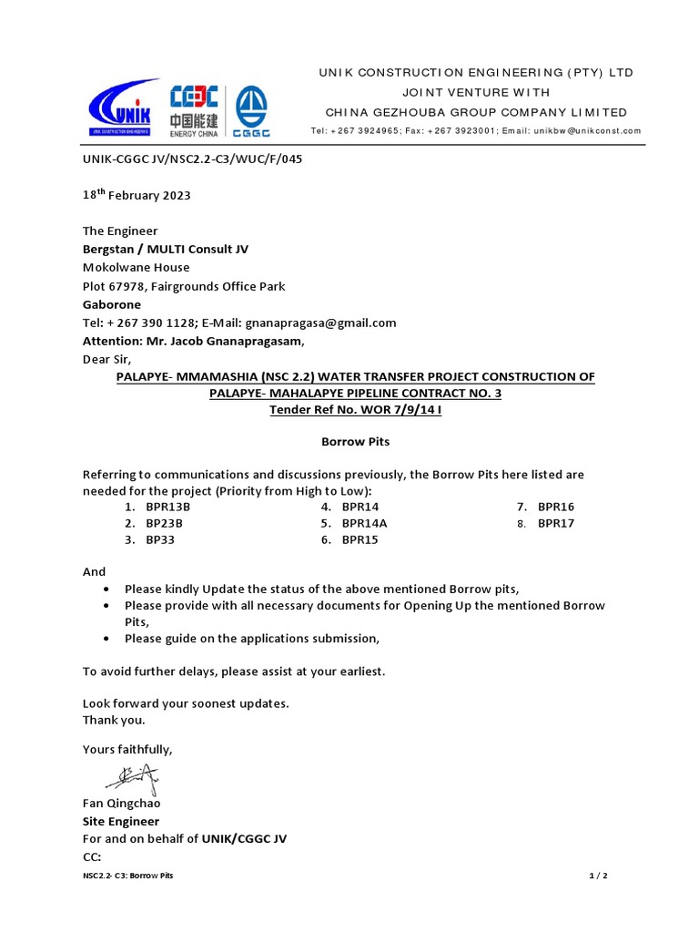 Letter To Engineer 45 - Borrow Pits | PDF