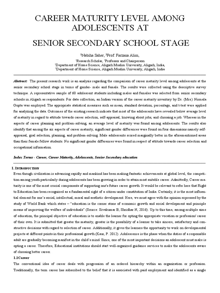 Career Maturity Level Among Adolescents at Senior Secondary School ...