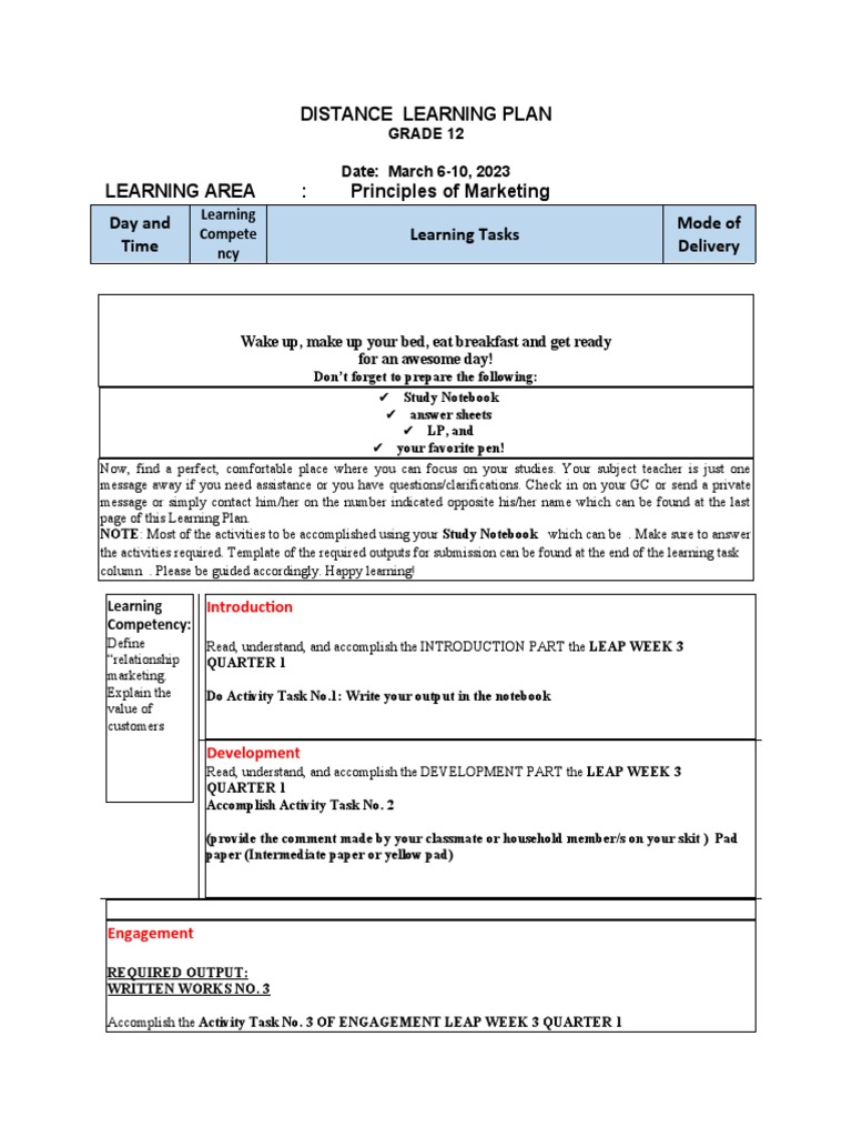 Distance Learning Plan POM | PDF