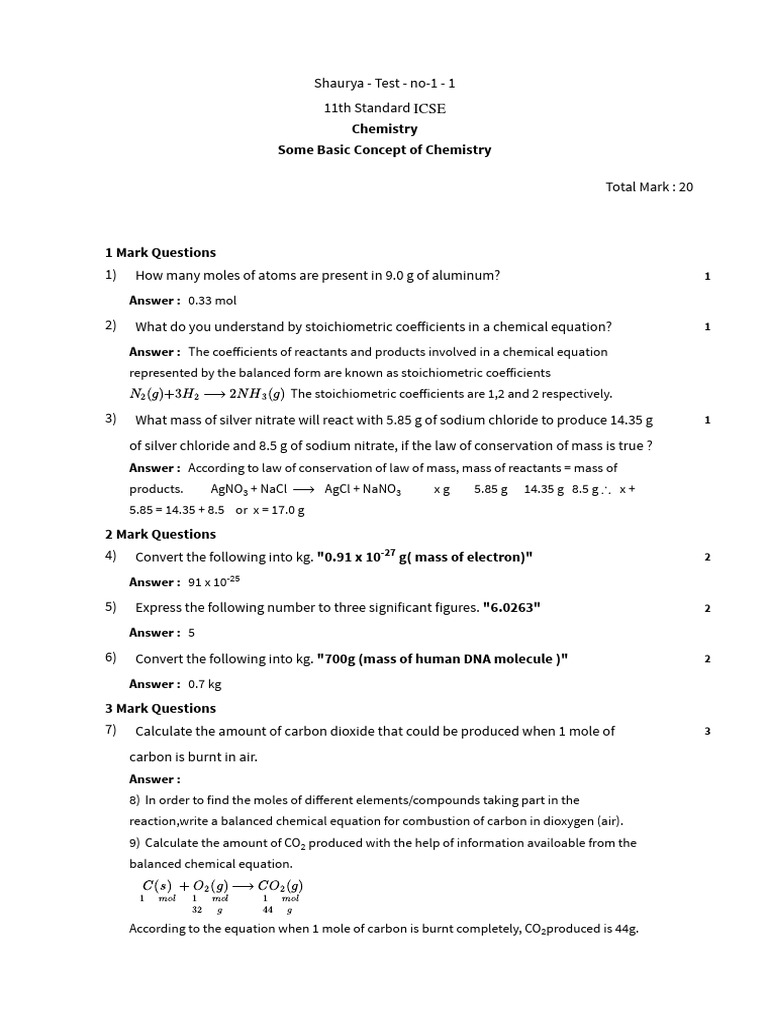 11th CBSE Chemistry Test | PDF | Stoichiometry | Mole (Unit)