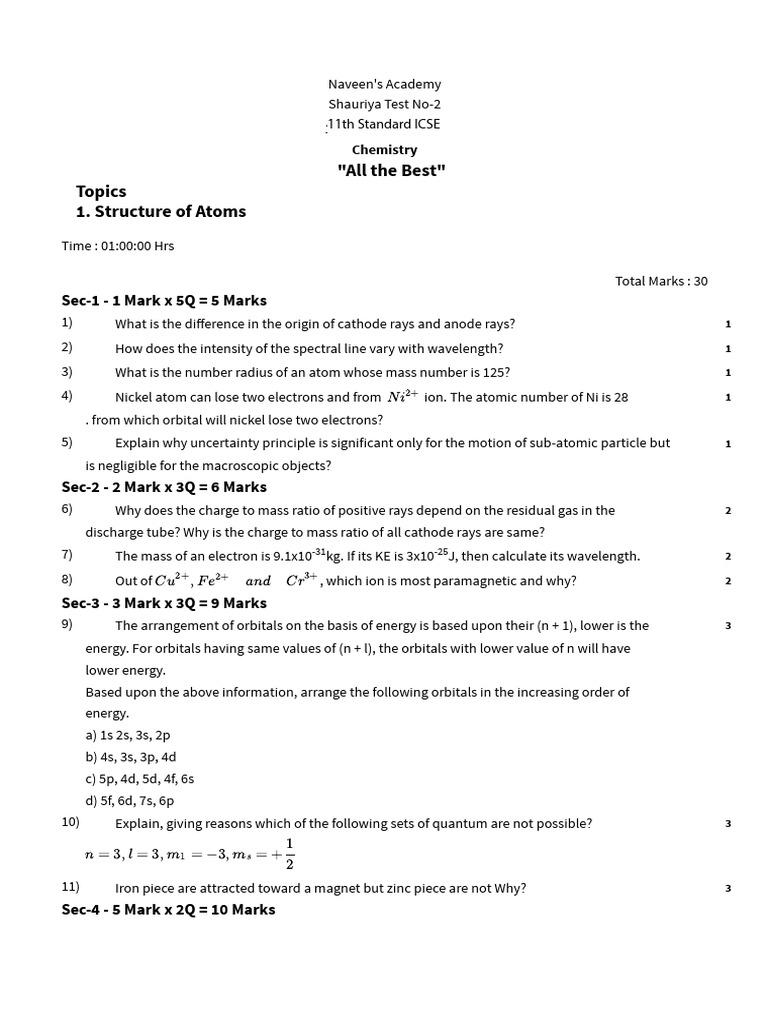 Test No-2 - Structure of Atoms | PDF | Atoms | Electron