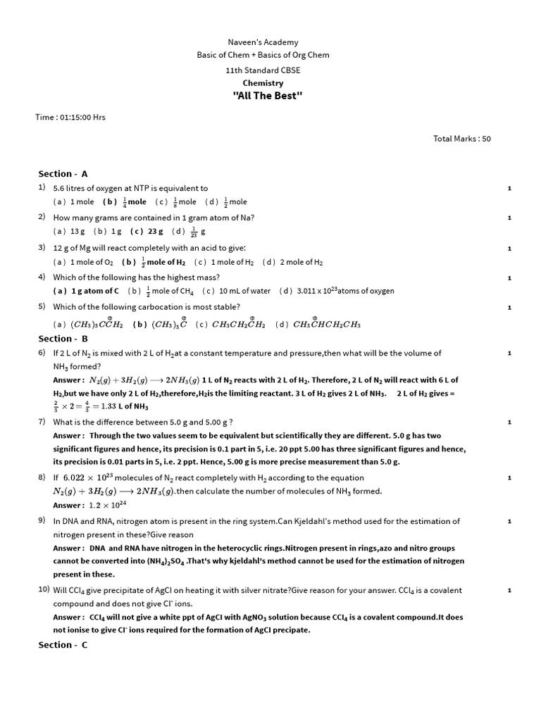 Test No-3 Basics of Chem + Basics of Org Chem - Key PDF | PDF ...