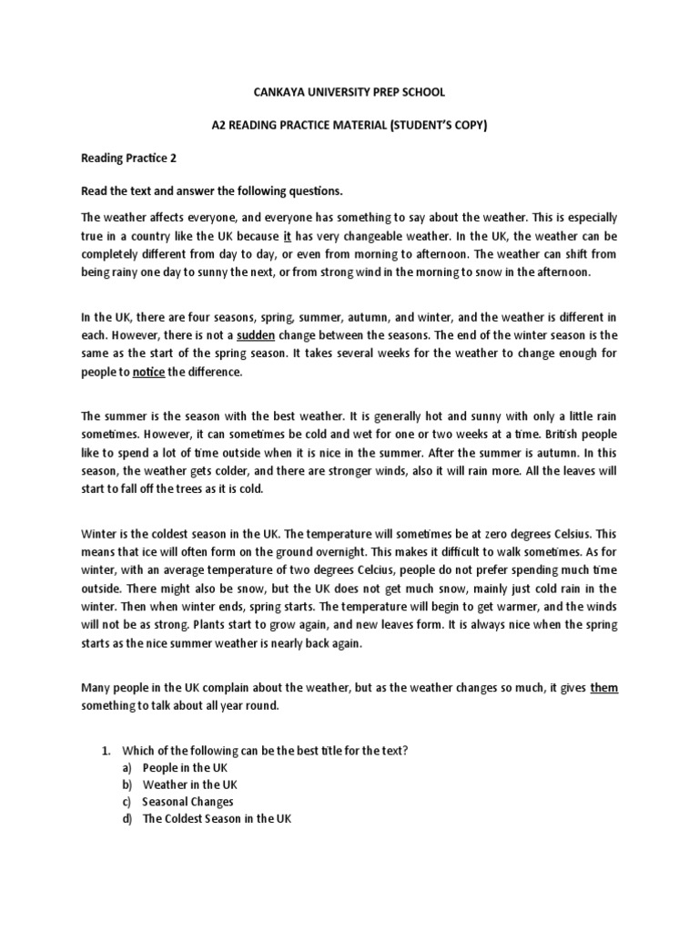 Reading Practice 2 - A2rea002s | PDF | Weather | Snow