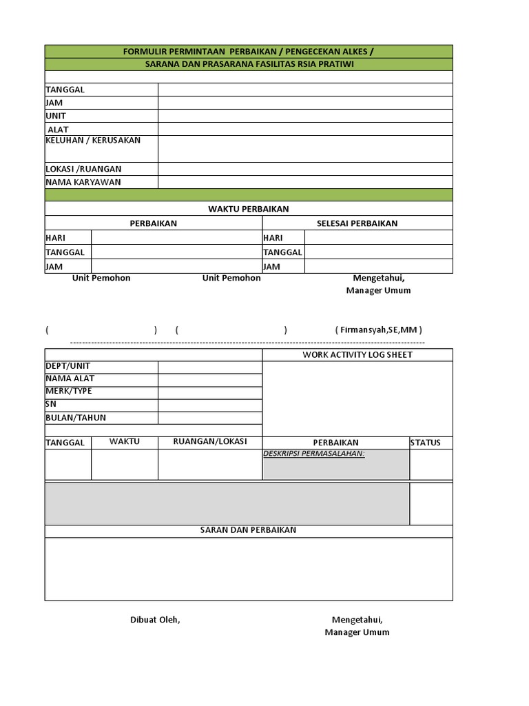 FORMULIR PERMINTAAN PERBAIKAN ALAT MEDIS RSIA PRATIWI.xlsx | PDF