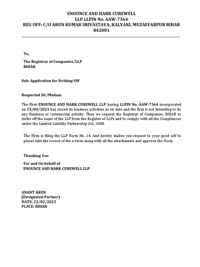 LLP Strike-Off Application for Enounce | PDF